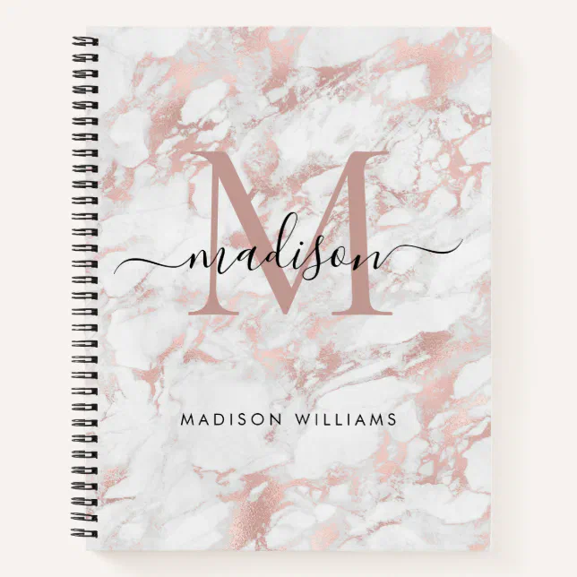 Modern Monogram Rose Gold Blush Pink Marble Foil Notebook | Zazzle