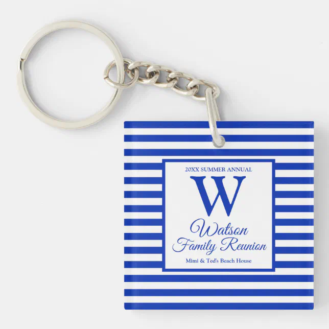 Modern Monogram Royal Blue Stripes Family Reunion Keychain | Zazzle