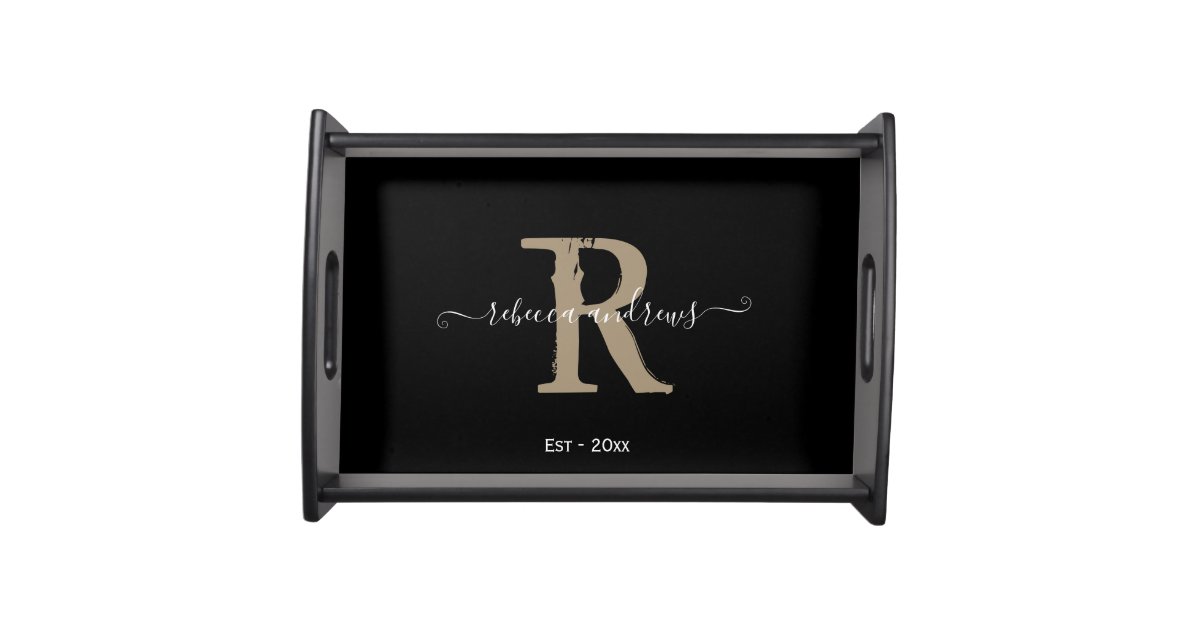 Modern Monogram Script Name Initial Black Custom Serving Tray | Zazzle