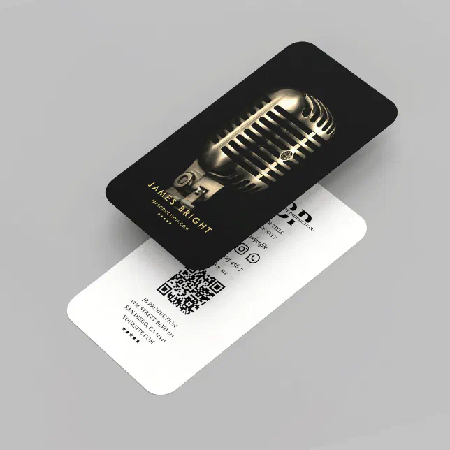 Modern Monogram Singer Black Gold Microphone Business Card | Zazzle