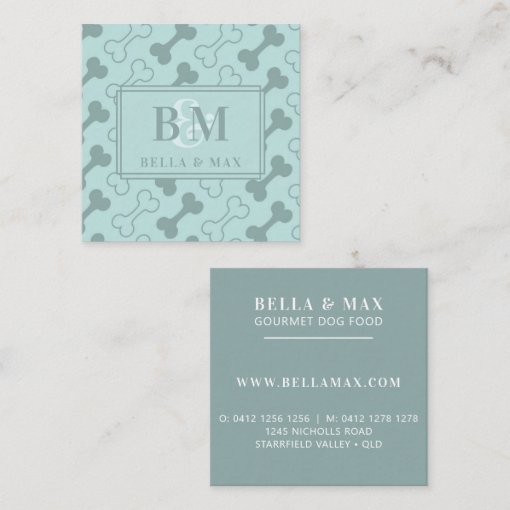 Modern Monogram Teal Dog Bone Pattern Square Business Card | Zazzle