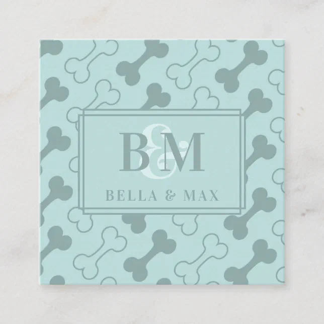Modern Monogram Teal Dog Bone Pattern Square Business Card | Zazzle