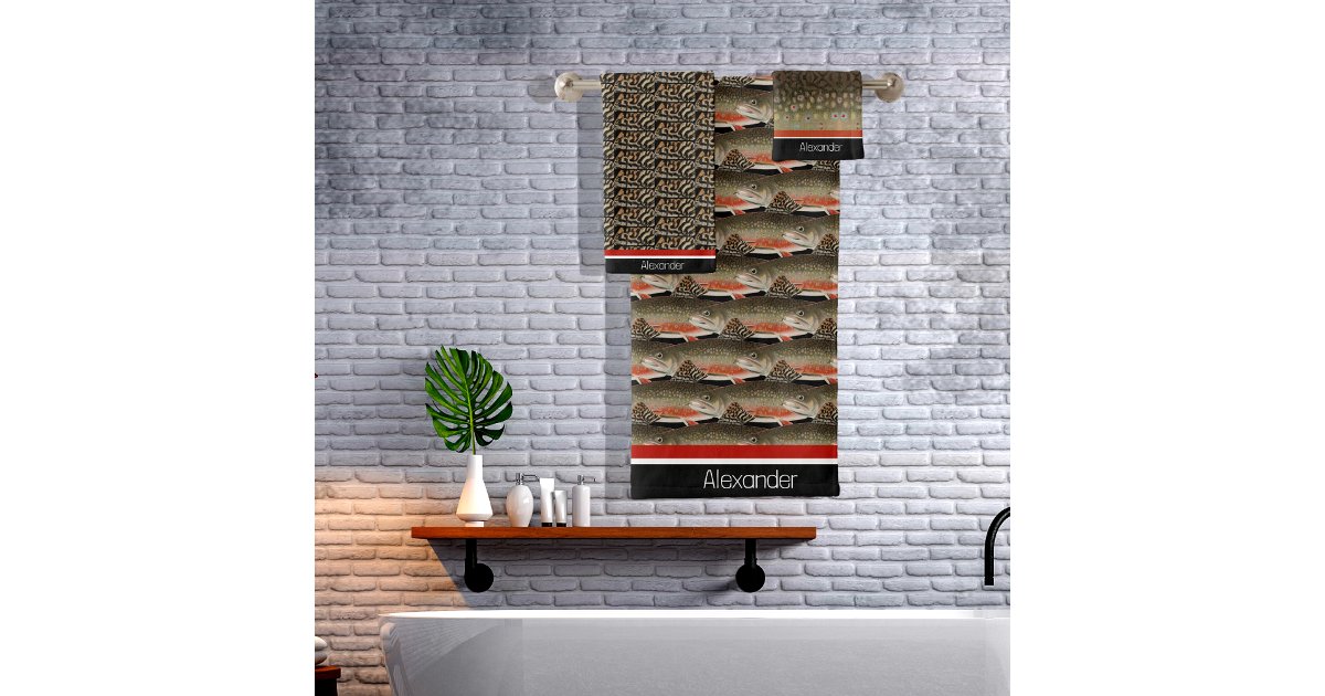 Modern Monogram Trout Fish Design Black White Rust Bath Towel Set | Zazzle