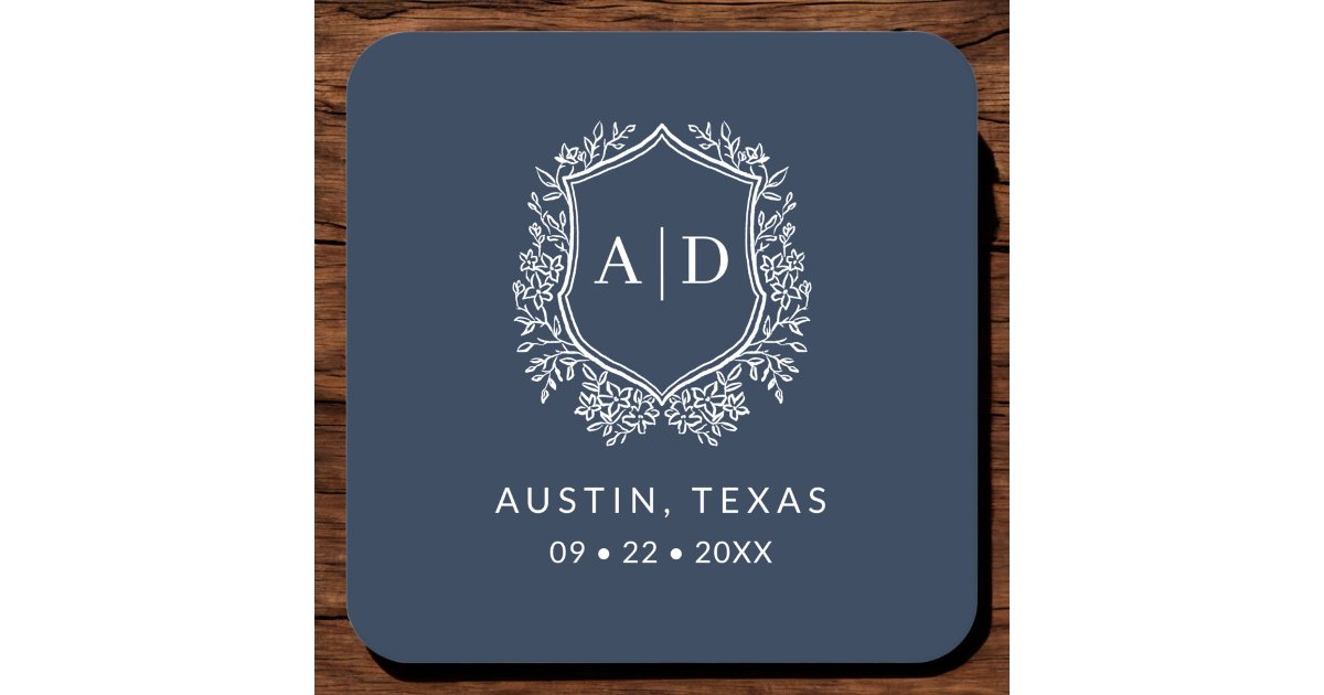 Modern Monogram Wedding Navy Blue Crest Square Paper Coaster | Zazzle
