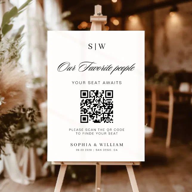 Modern Monogram Wedding Seating chart QR code Foam Board | Zazzle