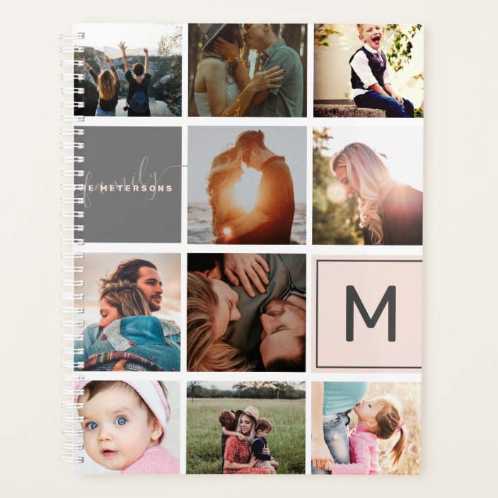 Modern monogram your family 16 photo collage grid planner | Zazzle.com