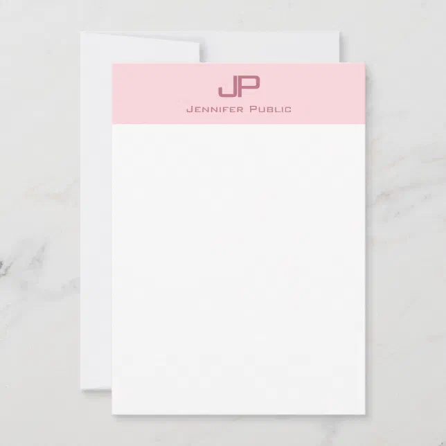 Modern Monogrammed Blush Pink White Simple Chic Note Card | Zazzle
