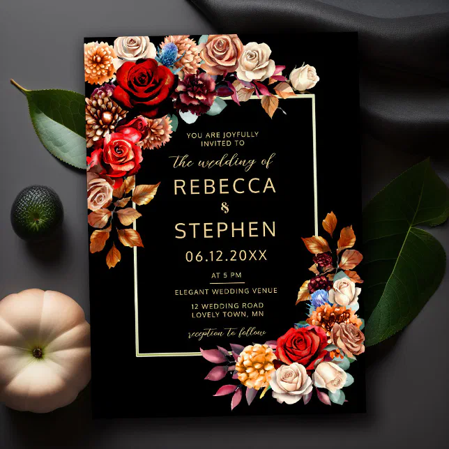 Modern Moody Dark Red Roses Fall Rust Wedding Invitation | Zazzle