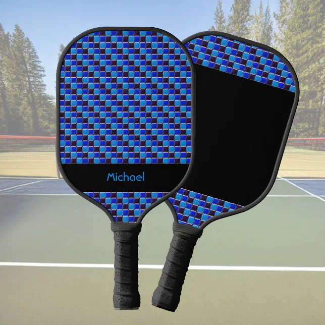 Modern mosaic in black, royal blue, custom pickleball paddle | Zazzle