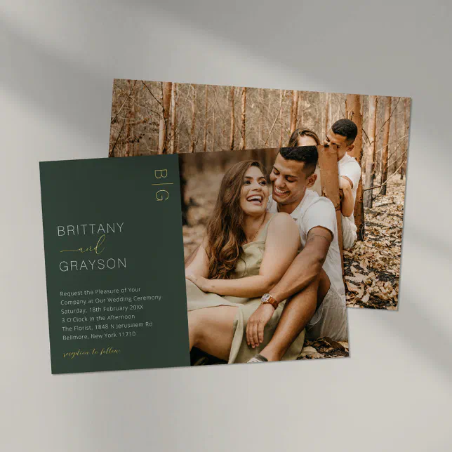 Modern Moss Green 2 Photo Wedding Foil Invitation | Zazzle