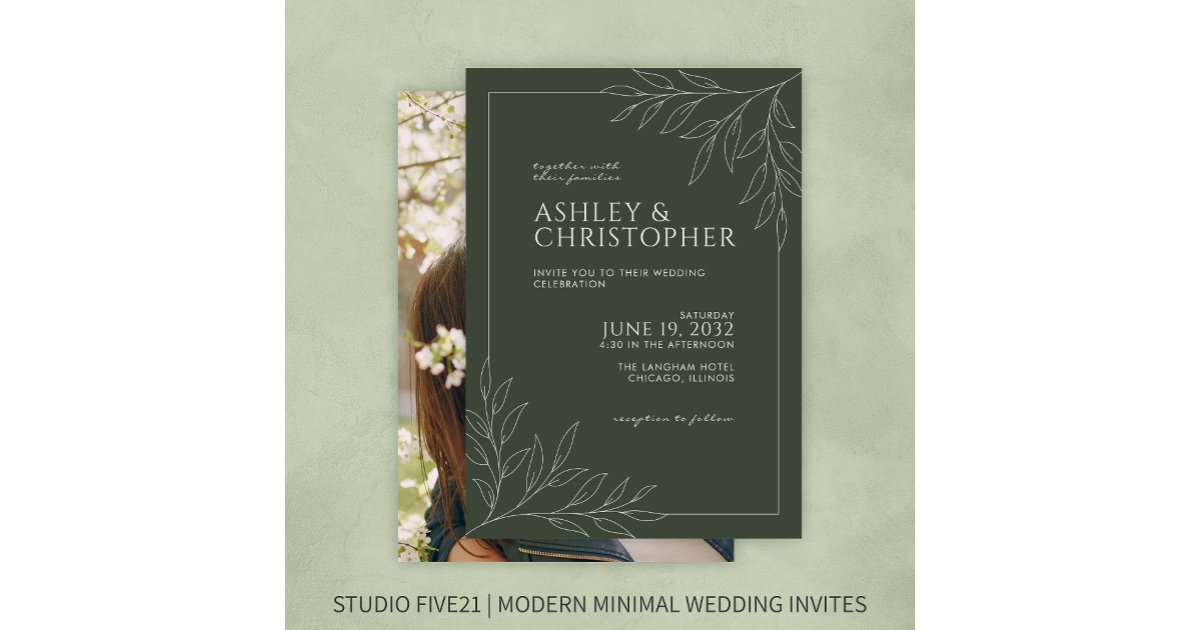 Modern Moss Green Foliage Outline Photo Wedding Invitation | Zazzle