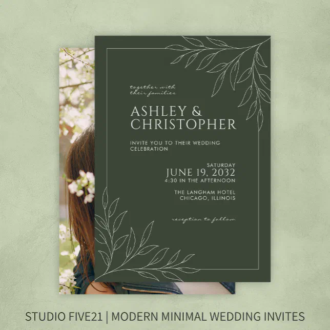 Modern Moss Green Foliage Outline Photo Wedding Invitation | Zazzle