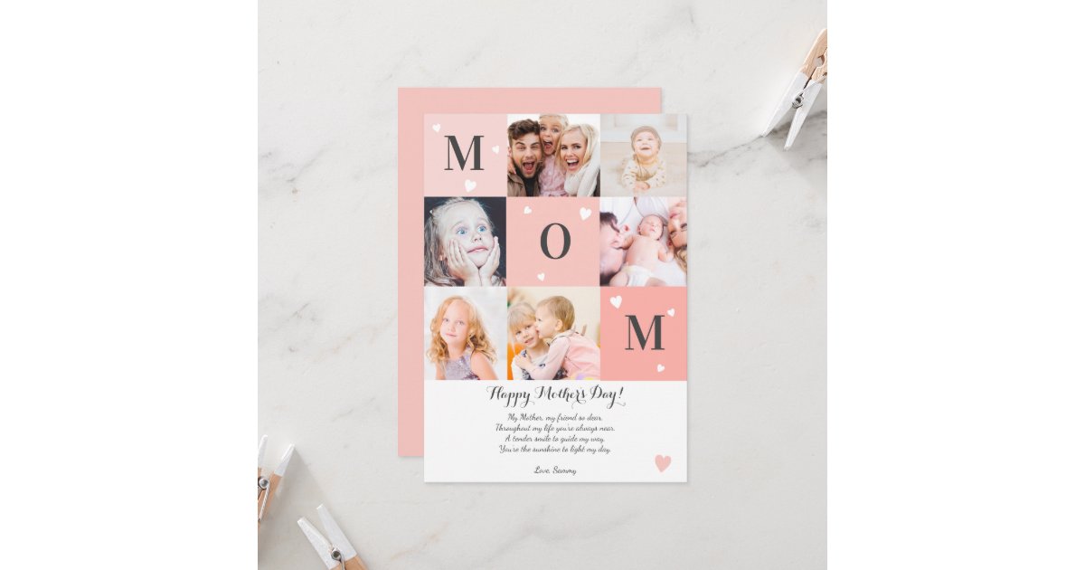 Modern mothers day mom 6 photos collage pink coral card | Zazzle