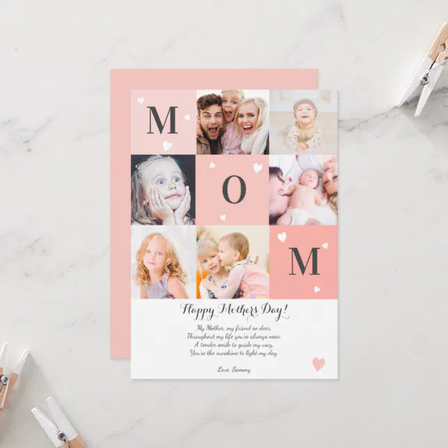 Modern mothers day mom 6 photos collage pink coral card | Zazzle