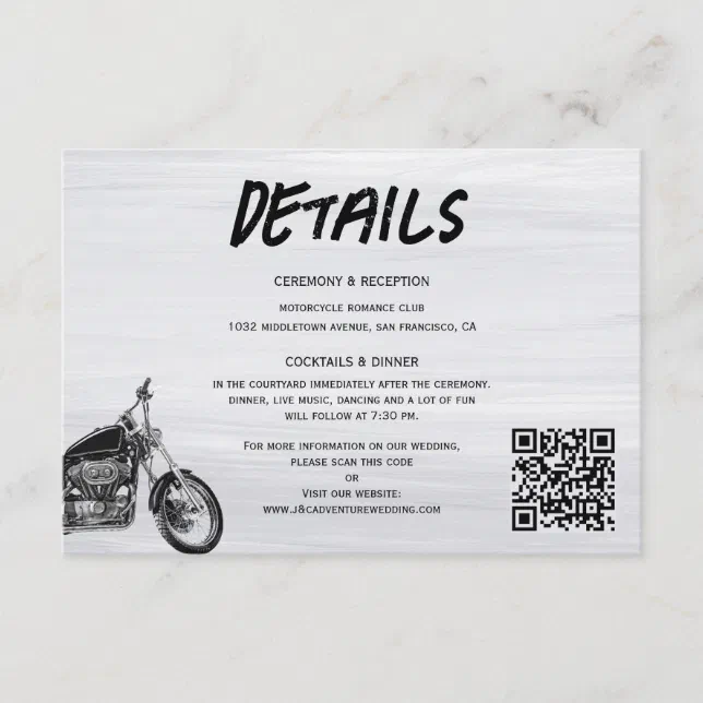 Modern Motorcycle Biker QR code Wedding Details Enclosure Card | Zazzle