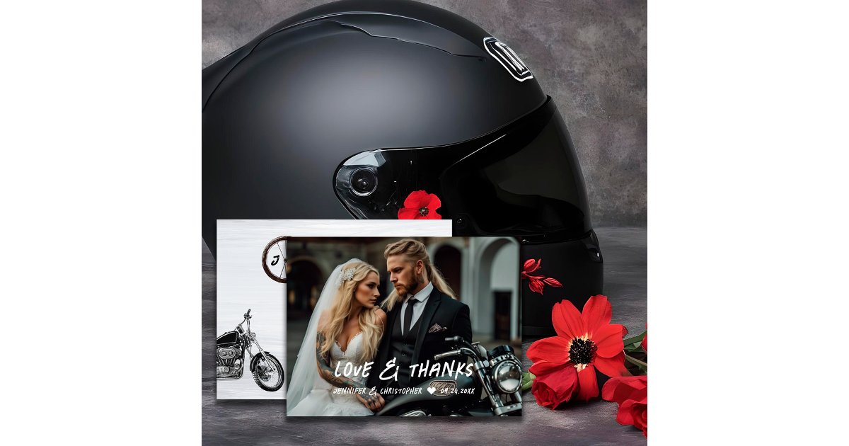 Modern Motorcycle Wedding Photo Thank you Card | Zazzle
