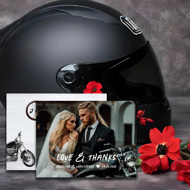 Modern Motorcycle Wedding Photo Thank you Card | Zazzle