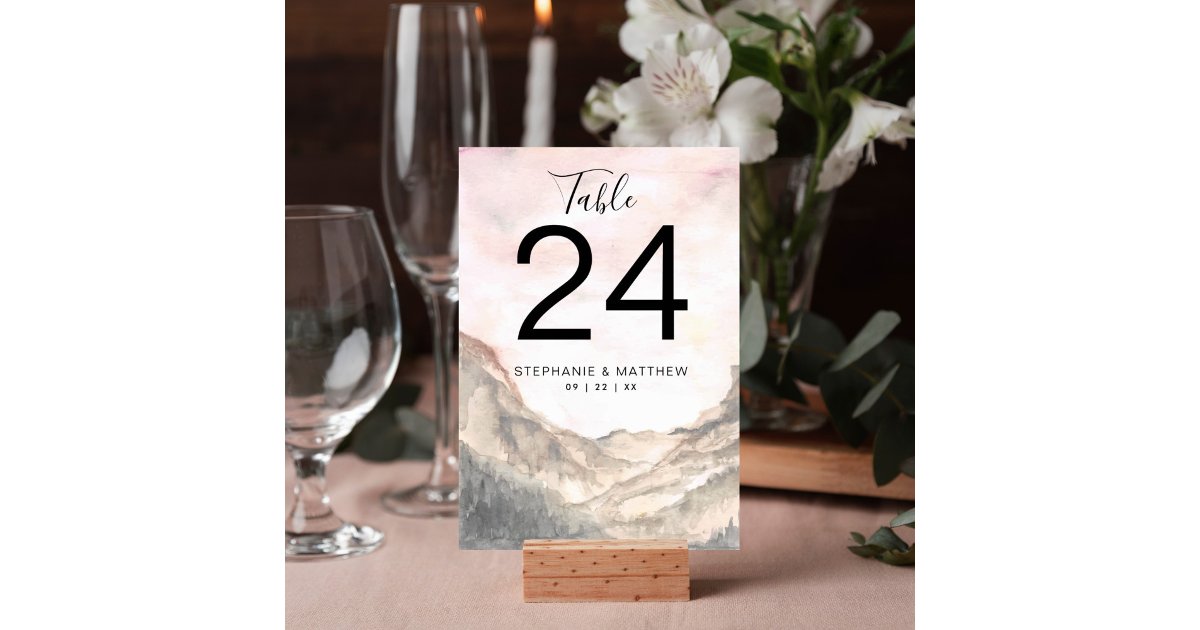 Modern Mountain Watercolor Wedding Table Number | Zazzle
