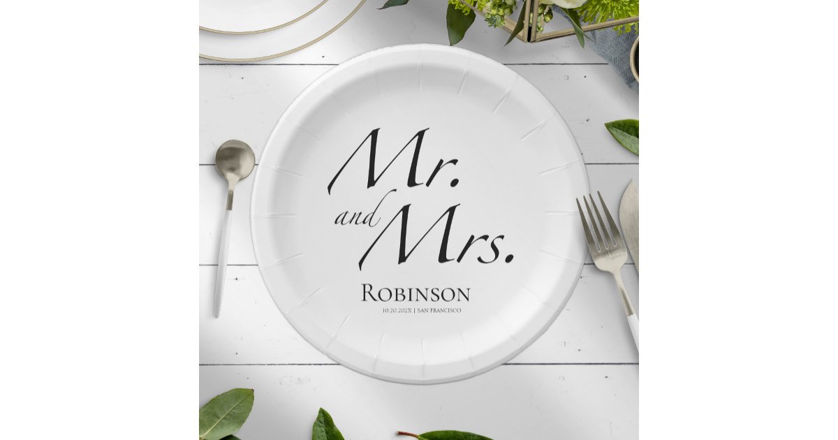 Modern Mr. and Mrs. Script | Black & White Wedding Paper Plates | Zazzle