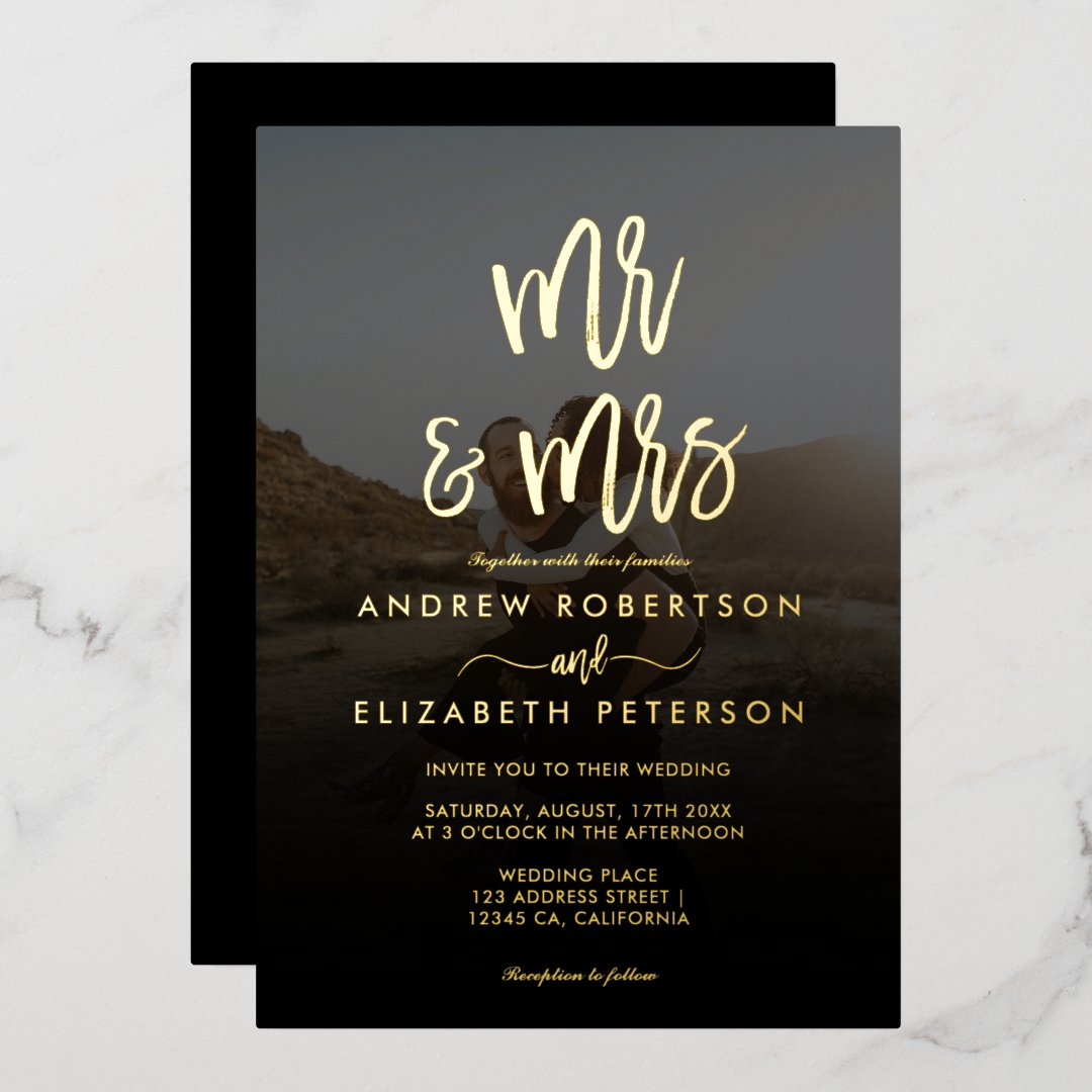 Modern Mr Mrs script simple photo wedding gold Foil Invitation | Zazzle