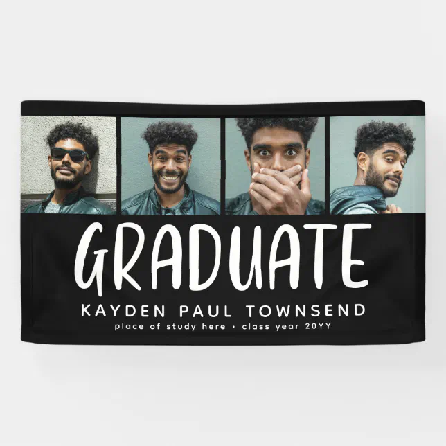 Modern Multi 4 Photo Collage GRADUATE black Banner | Zazzle