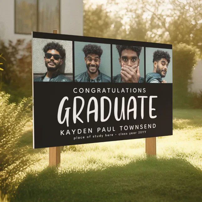 Modern Multi 4 Photo Collage GRADUATE black Yard Sign | Zazzle