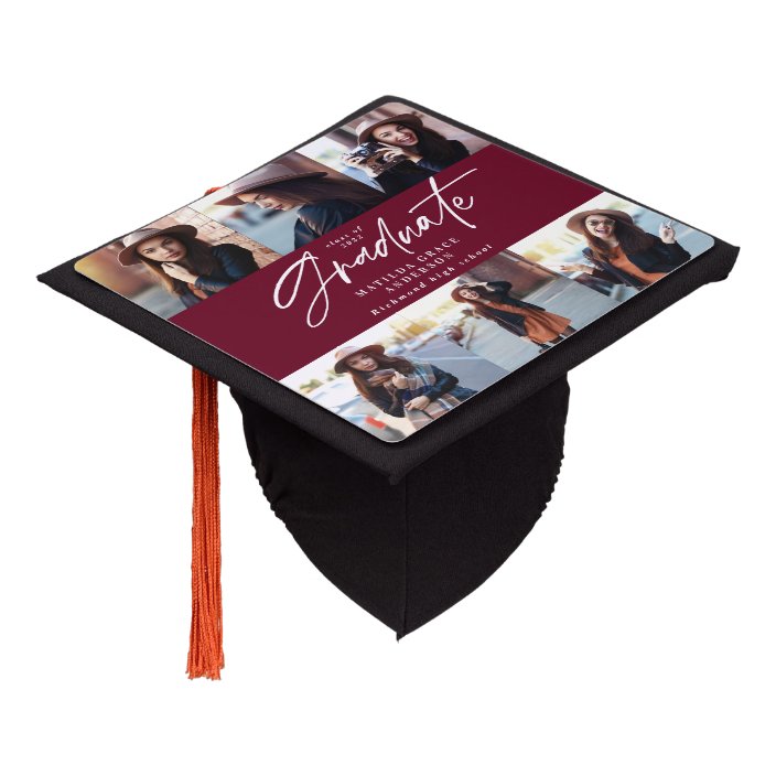 Modern multi photo burgundy elegant script graduation cap topper ...