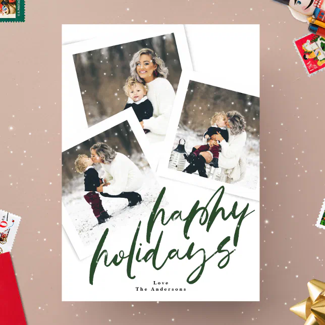 modern multi photo collage green brush happy holiday card | Zazzle