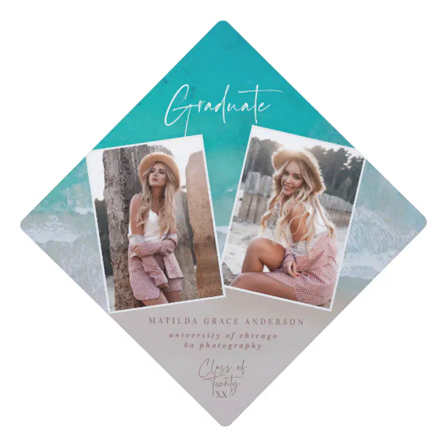 Modern multi photo graduation ocean beach modern graduation cap topper ...