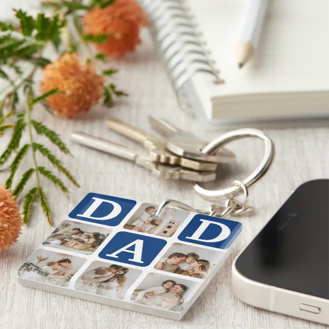 Modern Multi Photo Grid Cute DAD Gift Keychain | Zazzle