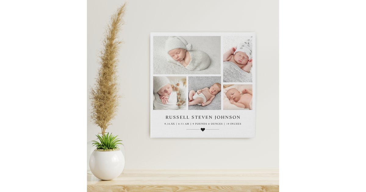 Modern Multi Photo Newborn Infant Faux Canvas Print | Zazzle