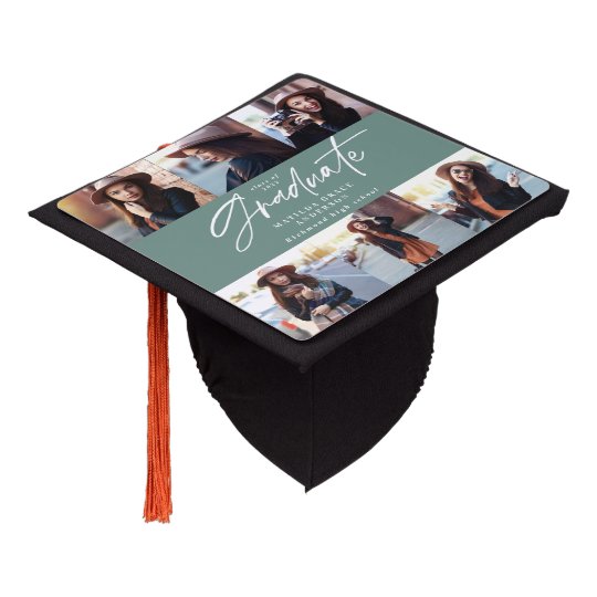 Modern multi photo sage green elegant script graduation cap topper ...