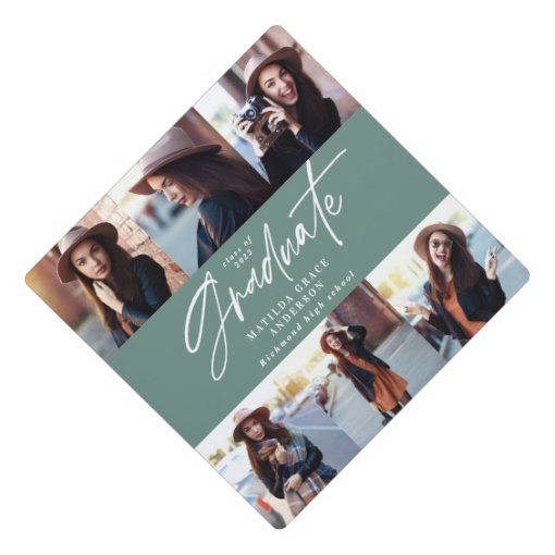 Modern multi photo sage green elegant script graduation cap topper | Zazzle