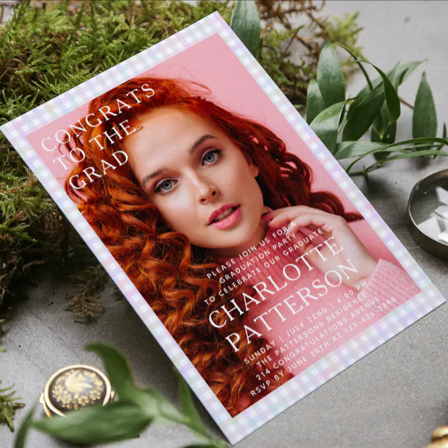 Modern Multicolor Gingham Photo Graduation Party Invitation | Zazzle