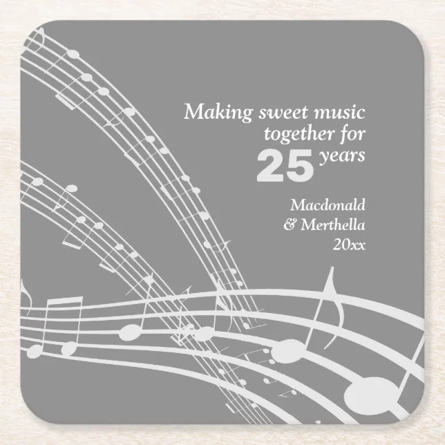 Modern MUSIC NOTES 25th SILVER Anniversary Square Paper Coaster | Zazzle