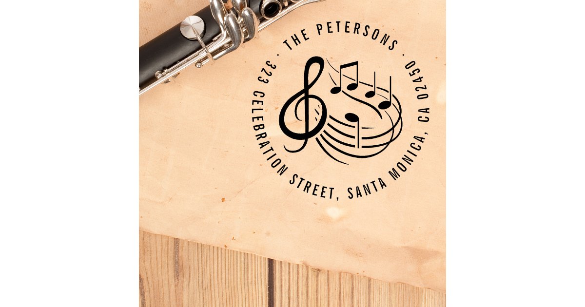 Modern Music Notes Round Name & Return Address Rubber Stamp | Zazzle