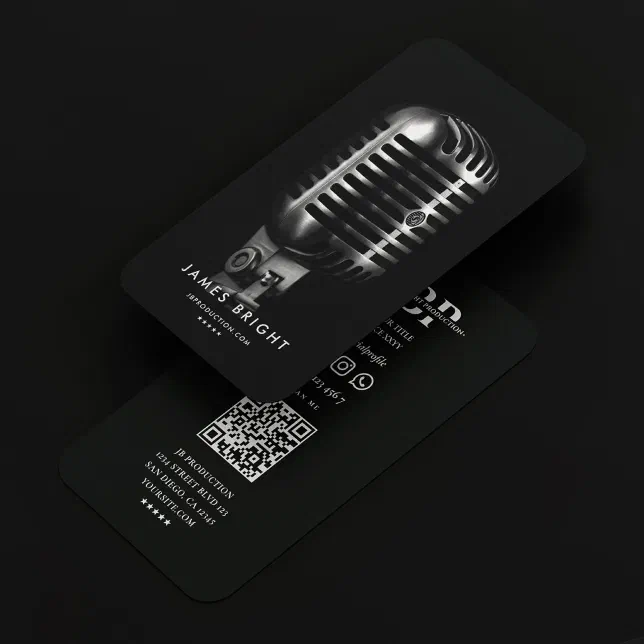 Modern Music Producer Singer Black Silver Mic Business Card | Zazzle