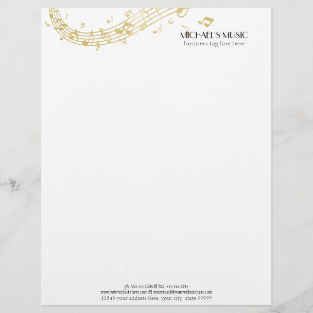 Modern Musical Business Branding Gold Music Notes Letterhead | Zazzle