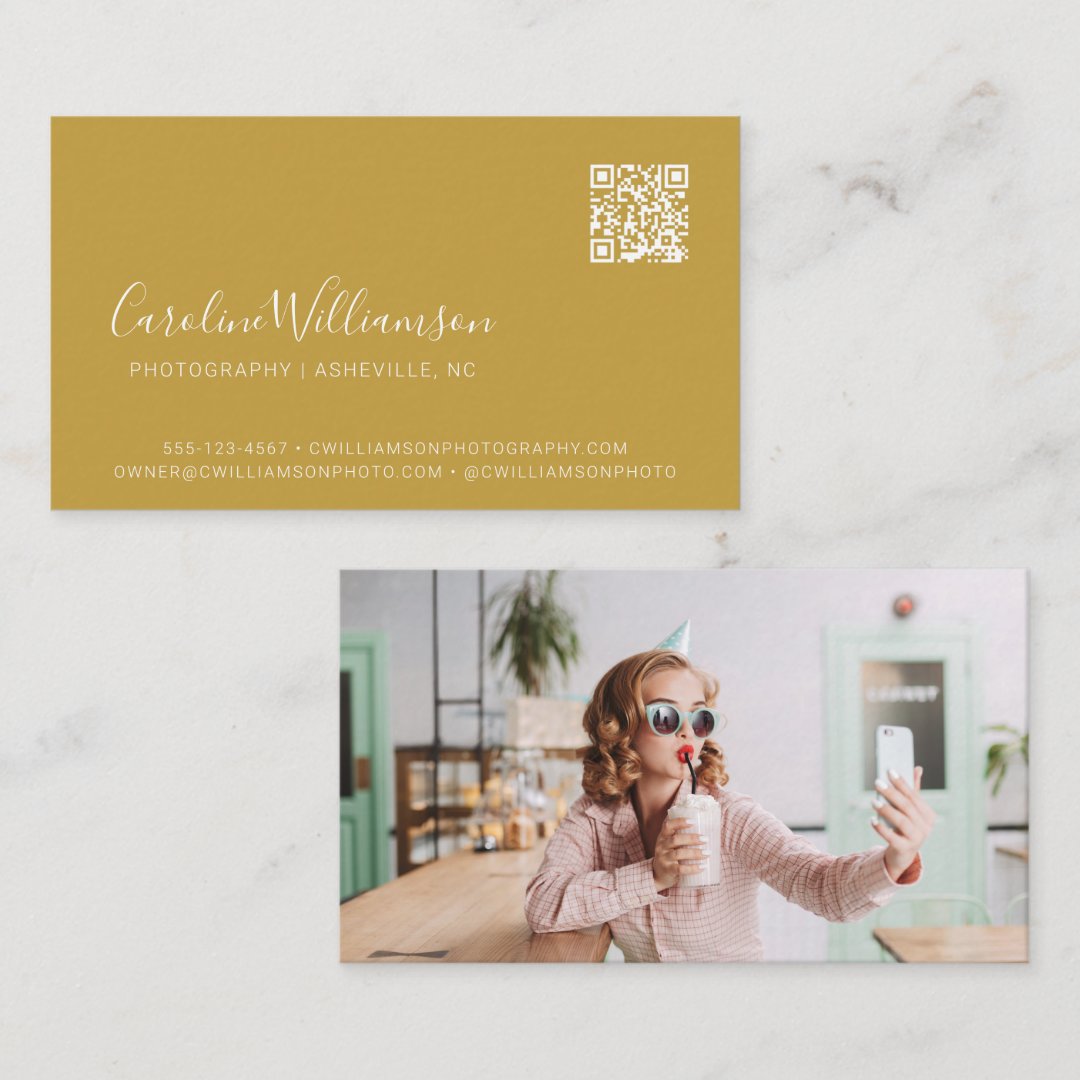 Modern Mustard Yellow Script Photo QR Code Trendy Business Card | Zazzle
