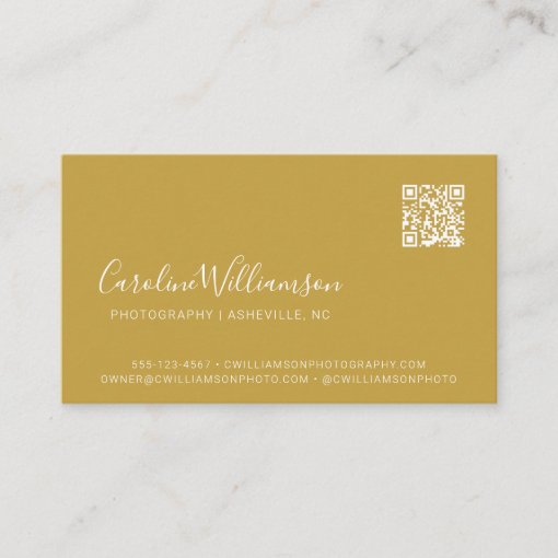 Modern Mustard Yellow Script Photo QR Code Trendy Business Card | Zazzle