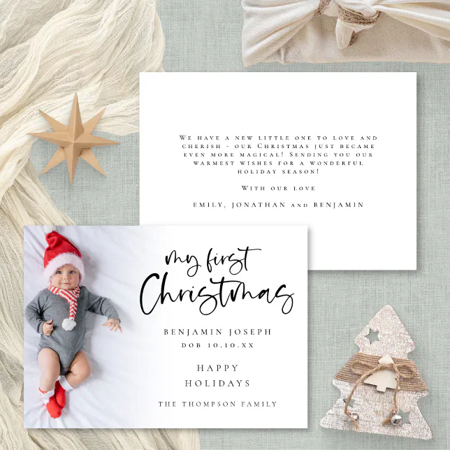 Modern My First Christmas Baby Custom Photo Holiday Card | Zazzle