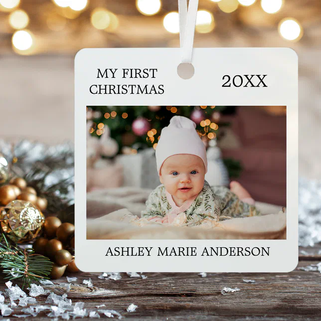 Modern My First Christmas Baby Photo Metal Ornament | Zazzle