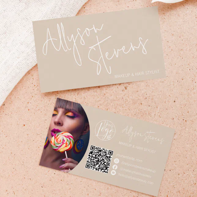 Modern name bold script makeup hair logo qr tan business card | Zazzle