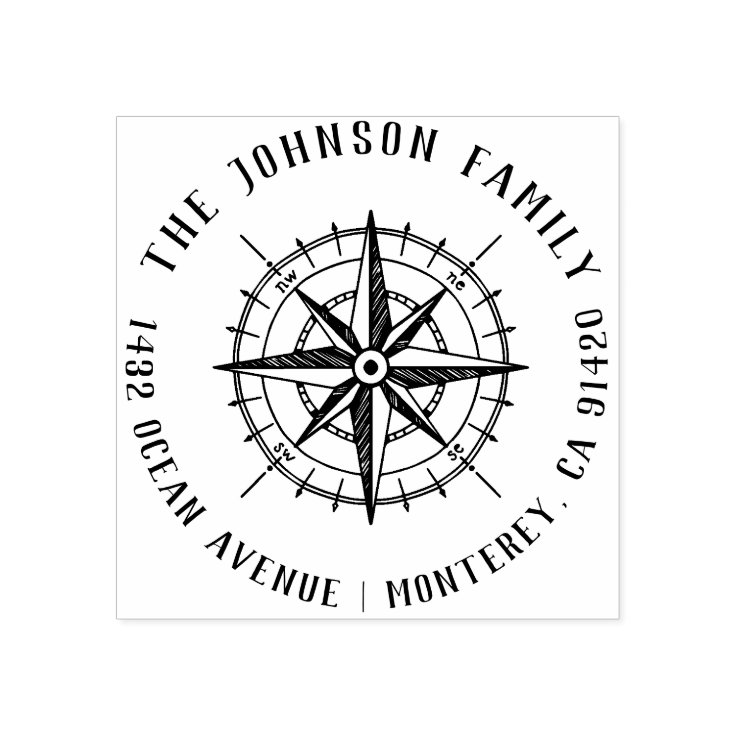 Modern Nautical Compass Family Name Return Address Rubber Stamp | Zazzle
