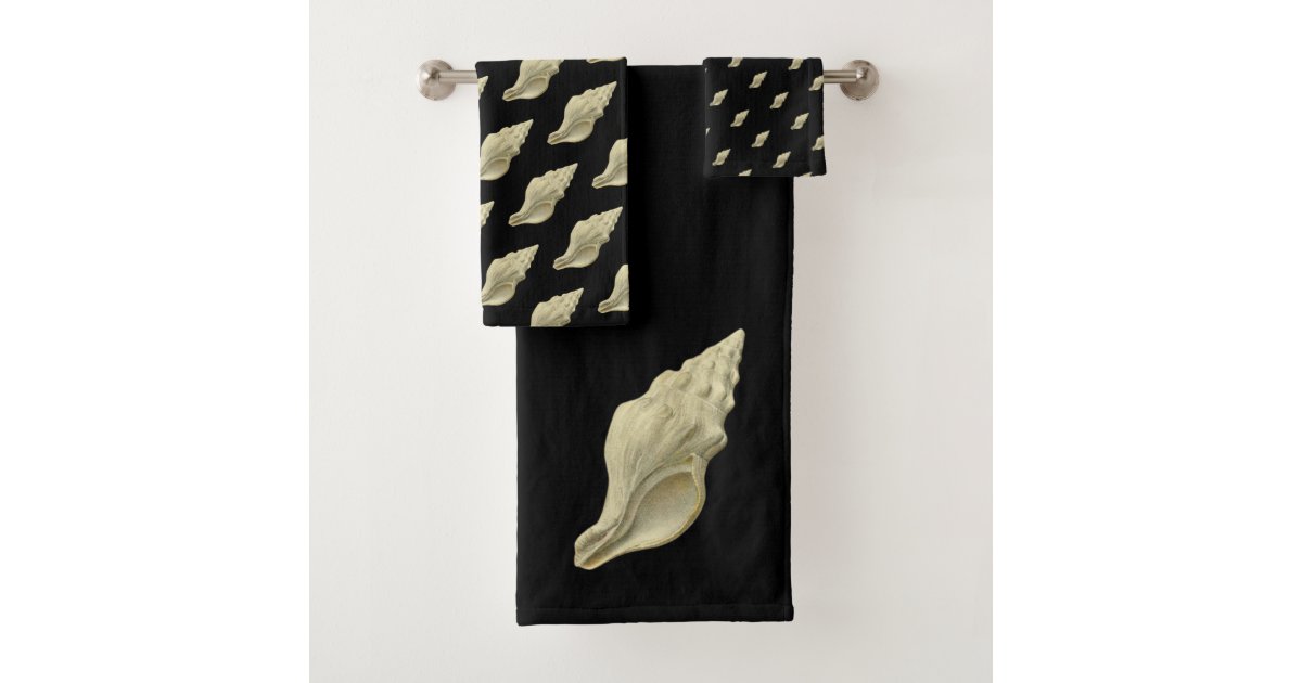 Modern Nautical Cream Seashells Black Bathroom Bath Towel Set | Zazzle