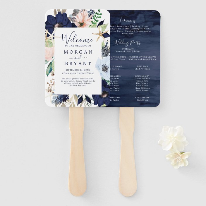Modern Nautical | Floral Wedding Program Hand Fan | Zazzle.com