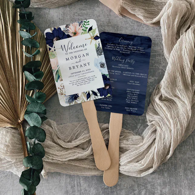 Modern Nautical | Floral Wedding Program Hand Fan | Zazzle