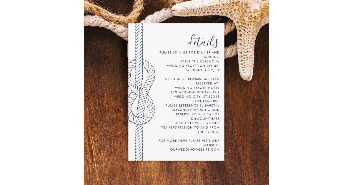 Modern Nautical Rope Knot Wedding Details Enclosure Card | Zazzle
