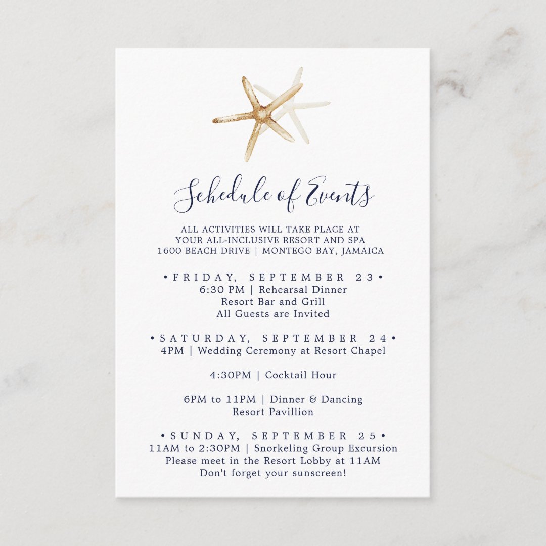 Modern Nautical Starfish Schedule of Events Enclosure Card | Zazzle