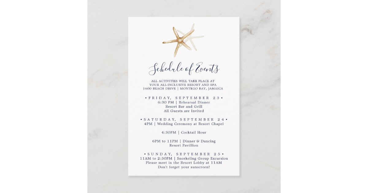 Modern Nautical Starfish Schedule of Events Enclosure Card | Zazzle